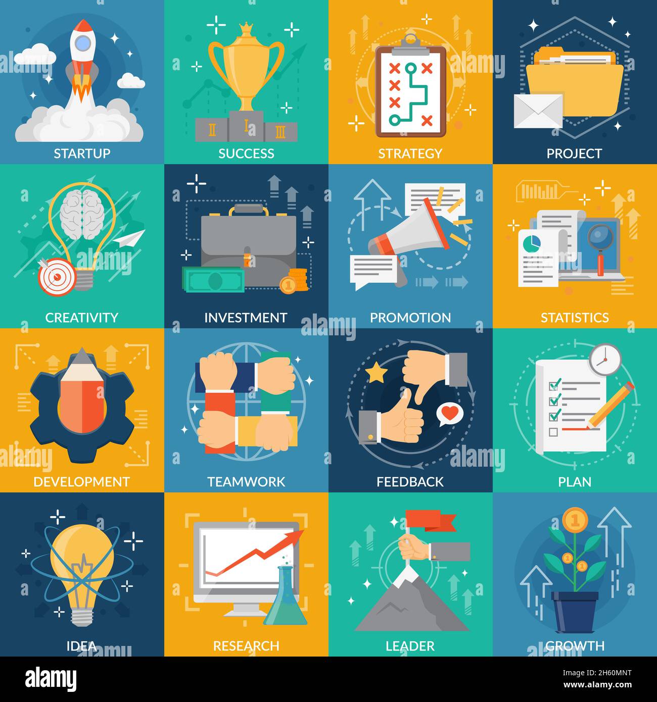 Development square icons set of idea strategy research plan investment ...