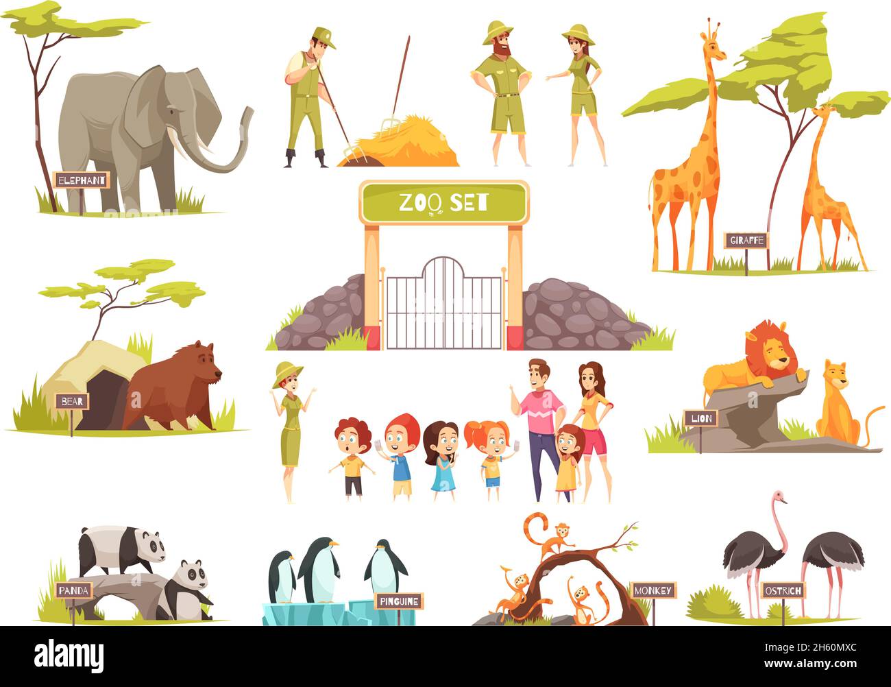 Cartoon set of happy children with their parents looking at various ...