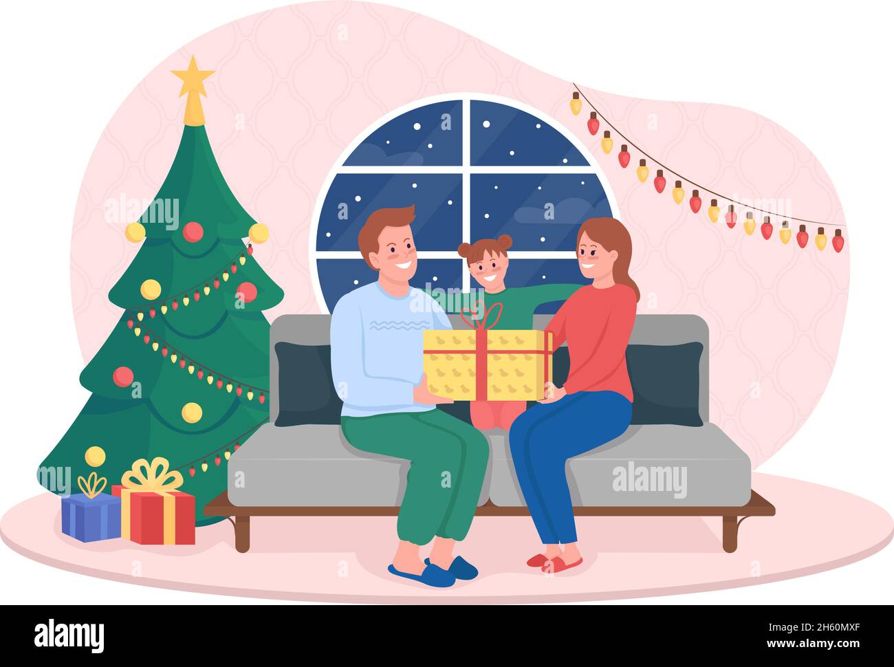 Family Christmas at home 2D vector isolated illustration Stock Vector ...