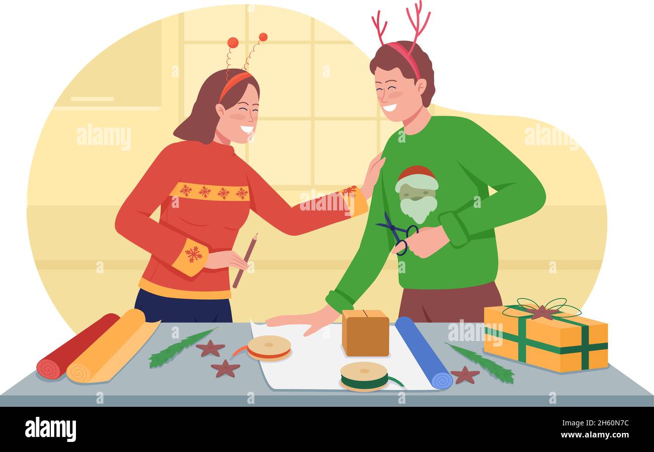 Wrapping presents for Christmas 2D vector isolated illustration Stock ...