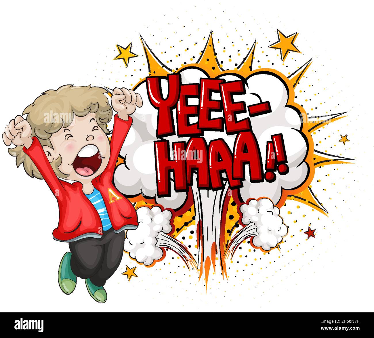 YEEE-HAAA word on bomb explosion with a boy cartoon character isolated ...