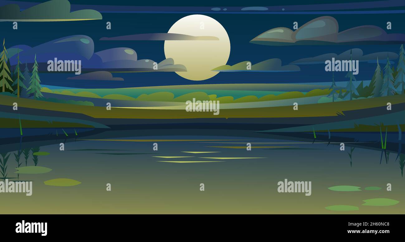 Night rural landscape. Big moon. Old pond or river bank. View of farm ...