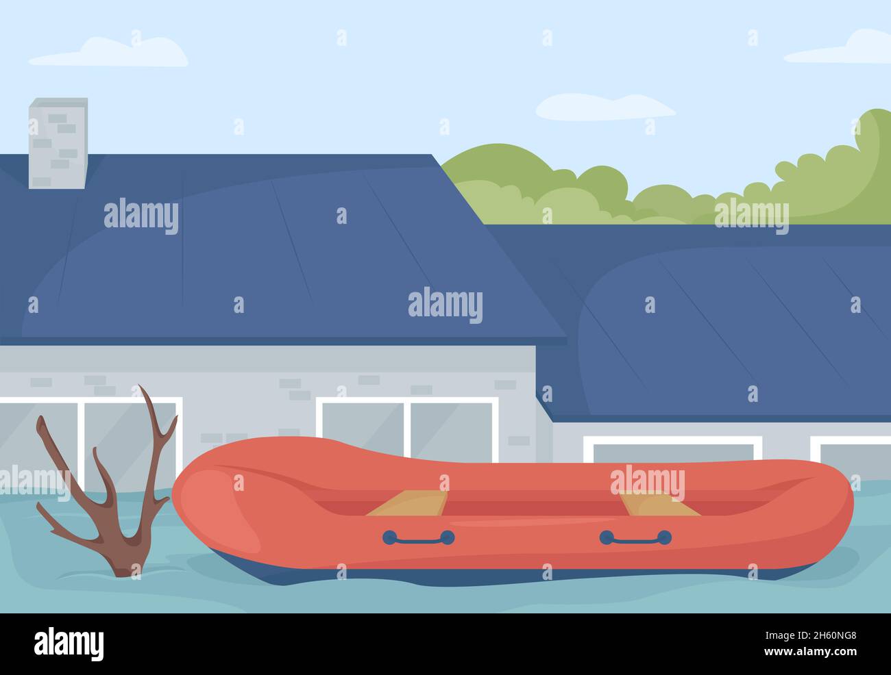 Floating flood rescue boat flat color vector illustration Stock Vector ...