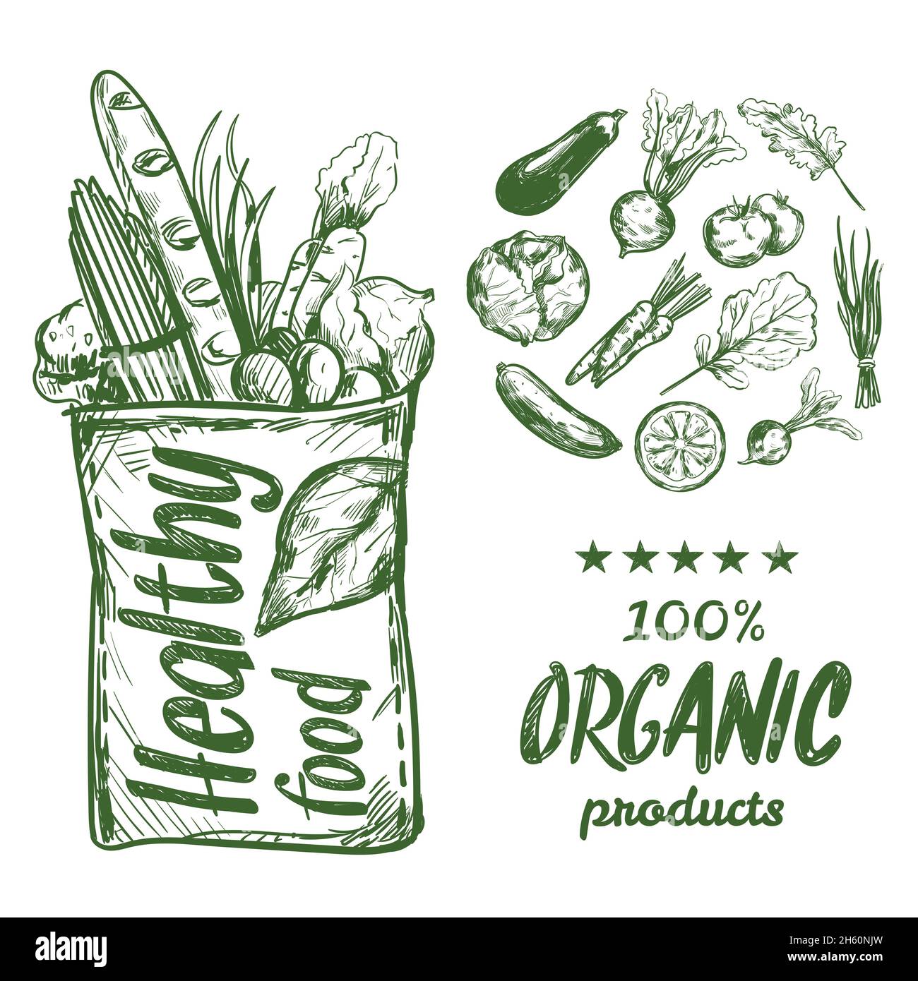 Hand drawn healthy food bag and organic products vector illustration ...