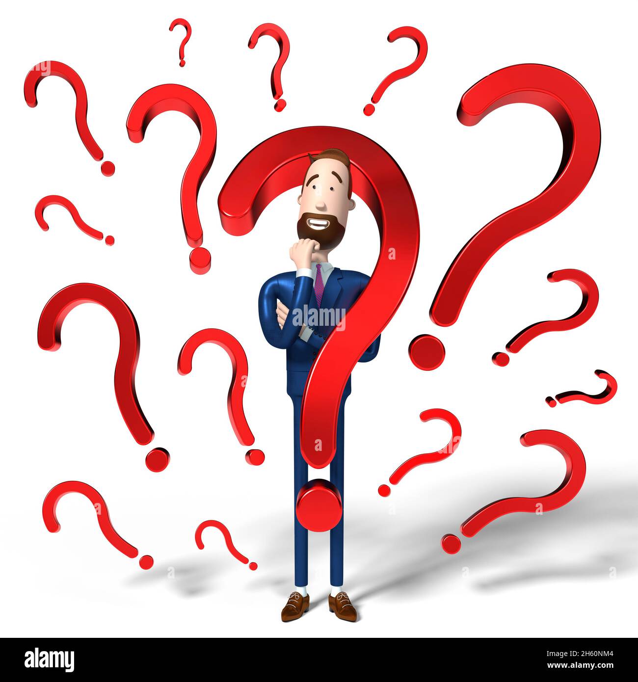 Handsome cartoon businessman and question mark signs - 3D illustration ...