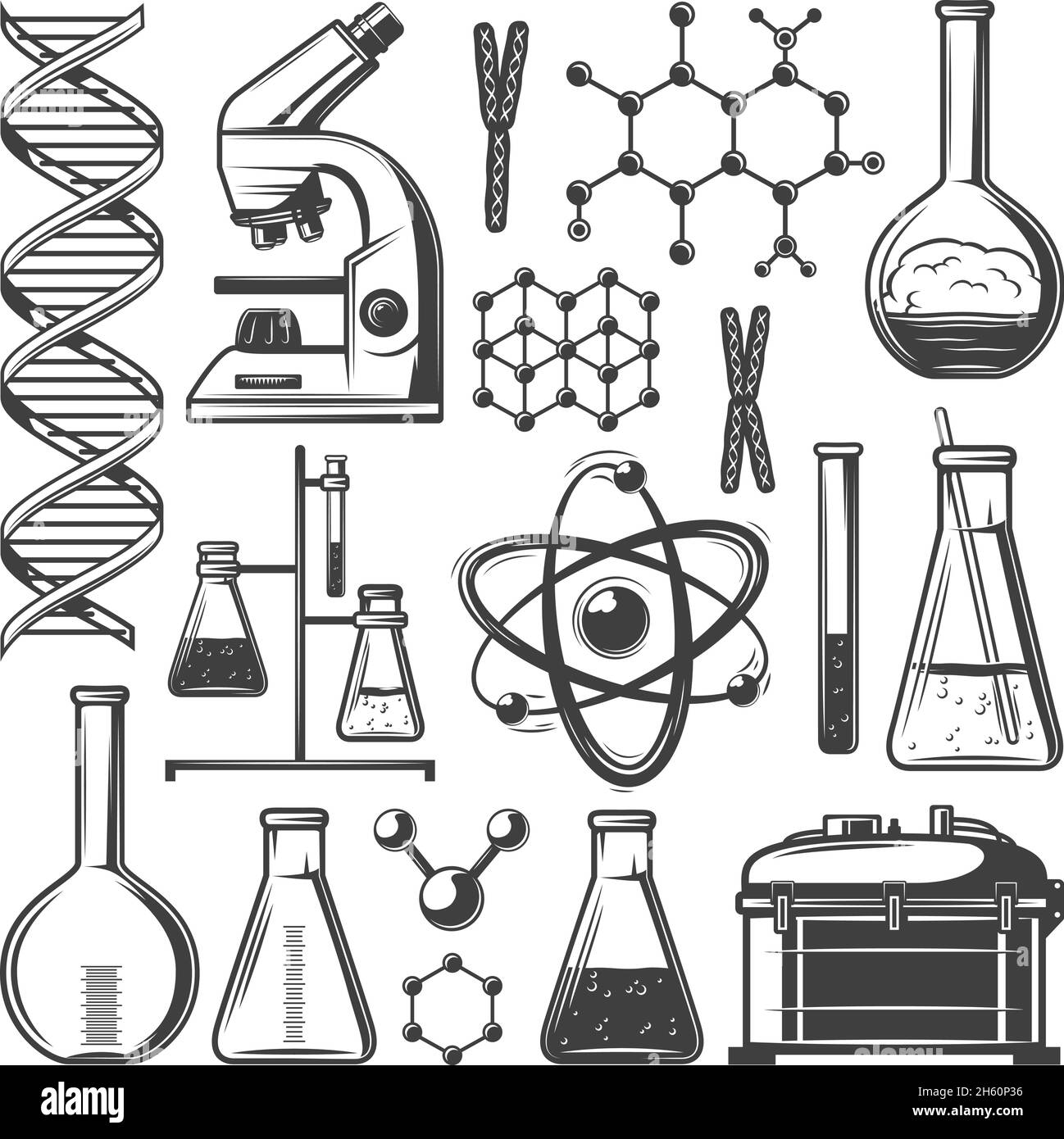 Vintage laboratory research elements set with flasks tubes microscope ...