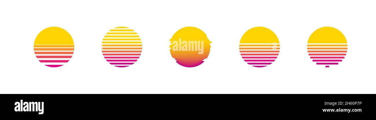 Sun retro set sunset or sunrise element 1980s style. Retrowave sun flat ...