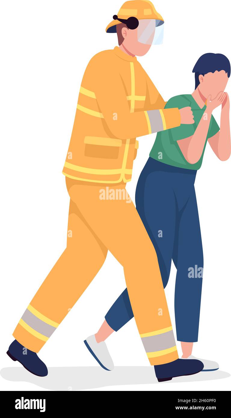 First responder rescuing frightened woman semi flat color vector ...