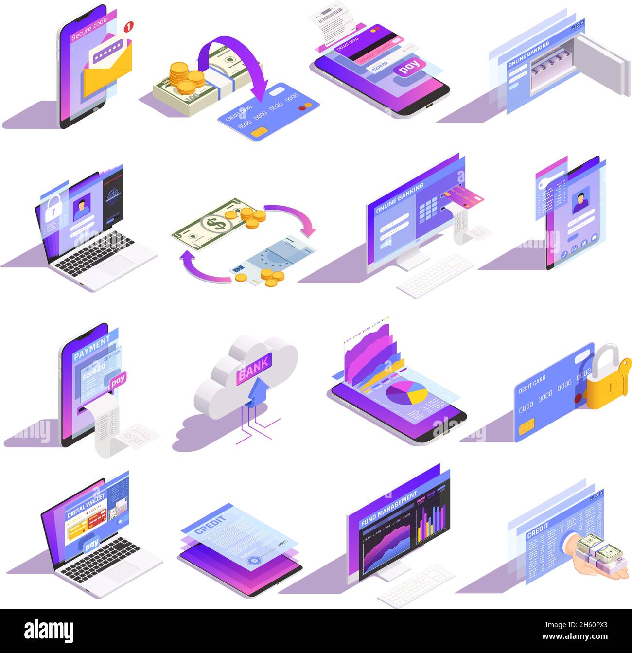Internet online mobile banking services isometric icons collection with ...