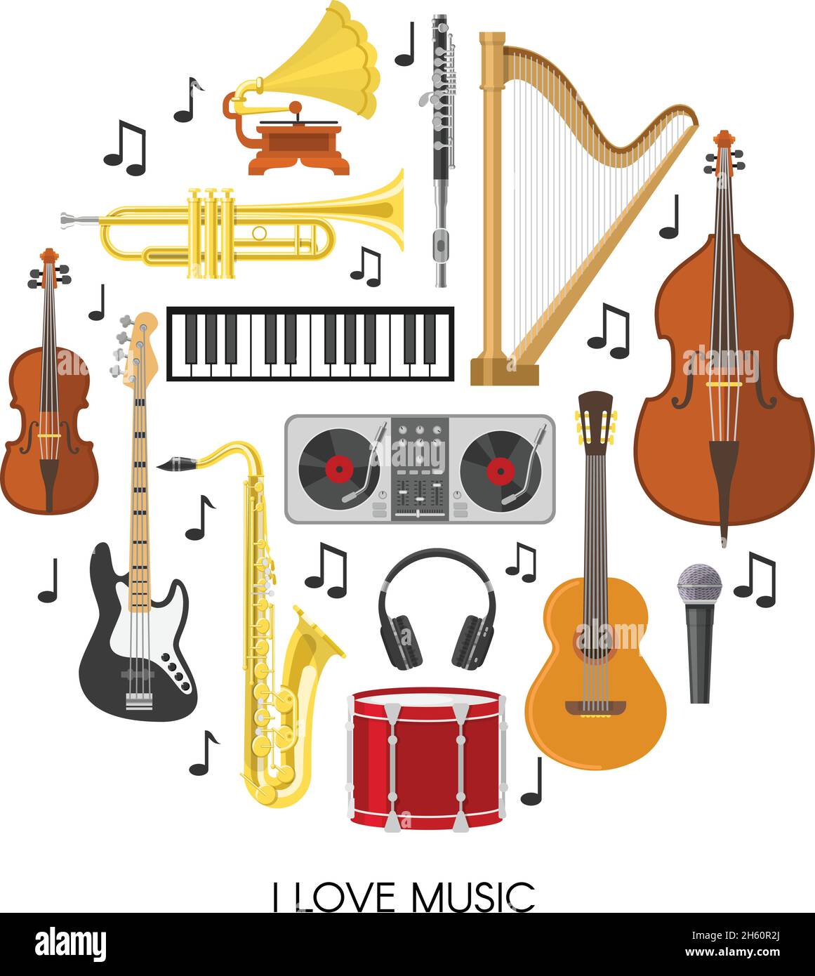 Round music composition with isolated colored icon set with musical ...