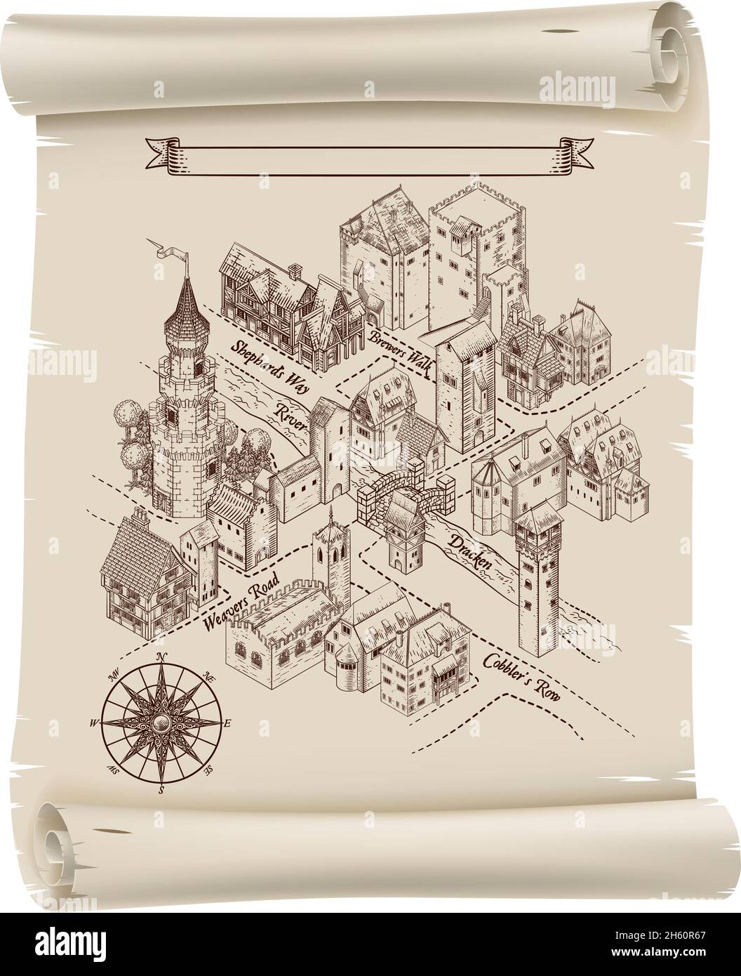 Medieval Town Map Scroll Vintage Illustration Stock Vector Image & Art ...