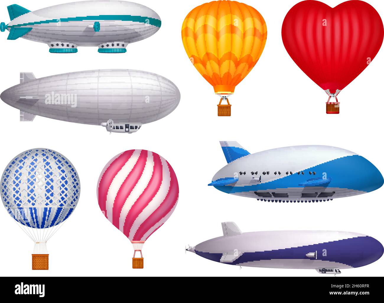 Dirigible and balloons transportation design realistic set isolated ...