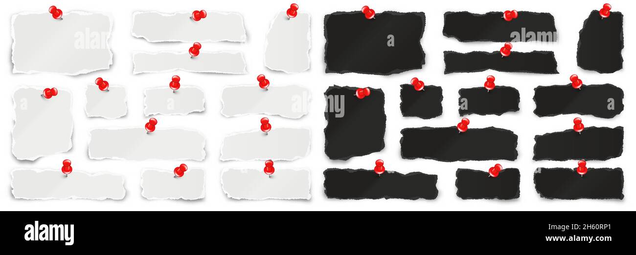 Ripped paper strips with red push pins. Realistic crumpled paper scraps ...