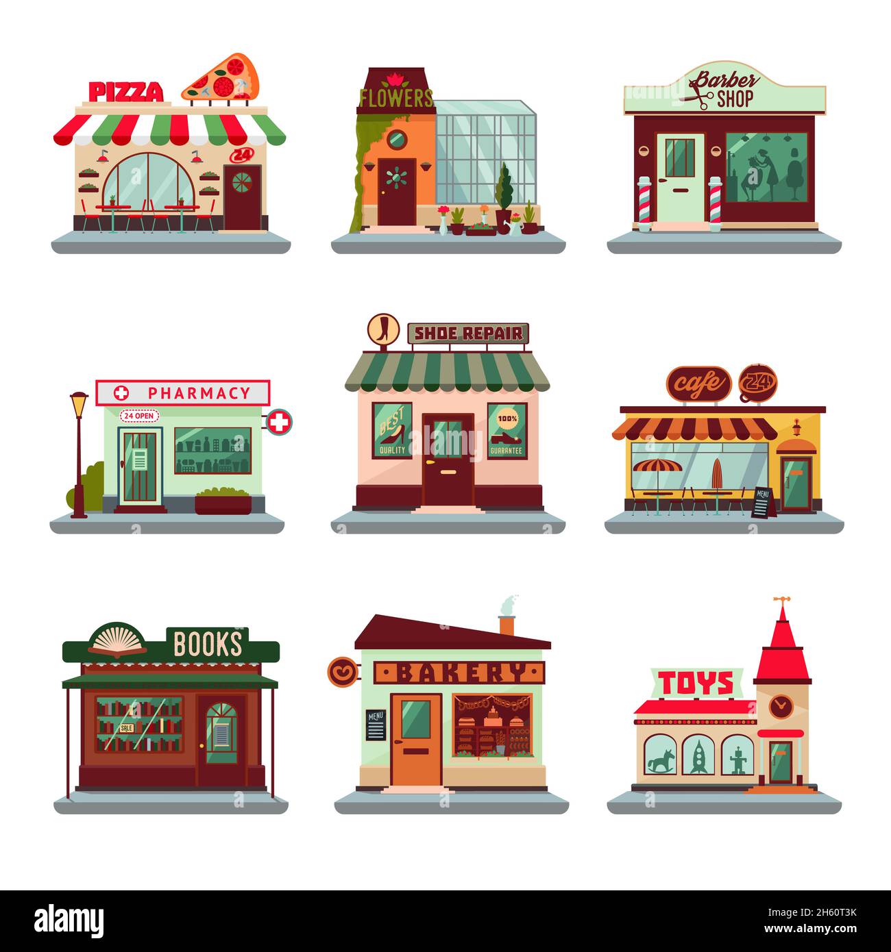 Colorful city buildings set with facades of stores shops restaurants ...