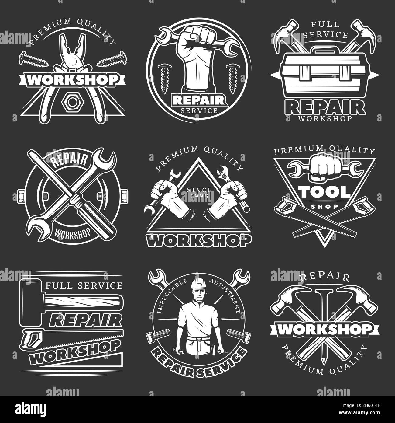 White isolated vintage repair workshop logo set with premium quality ...