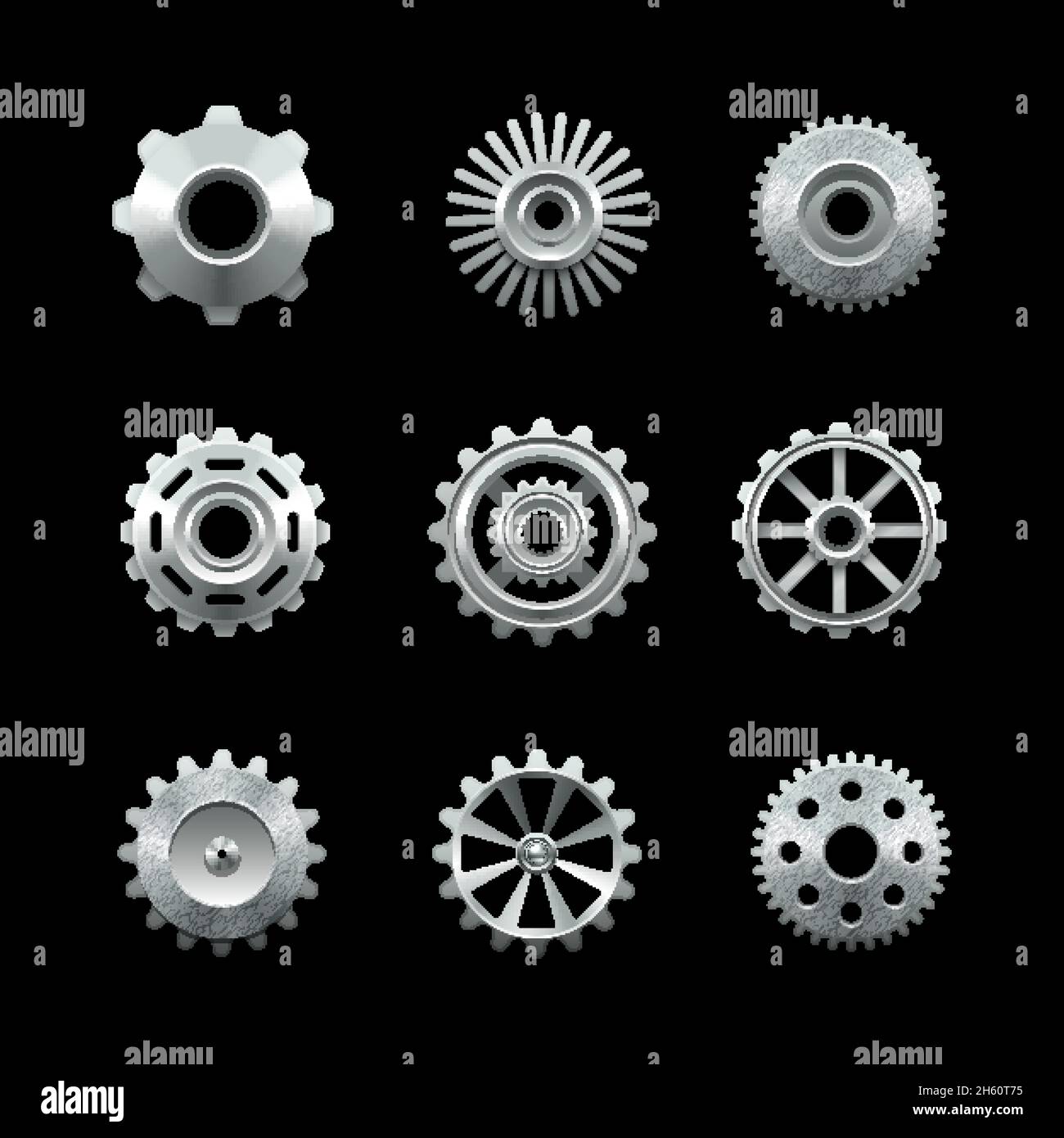 Shiny metal gears set isolated on dark background vector illustration ...