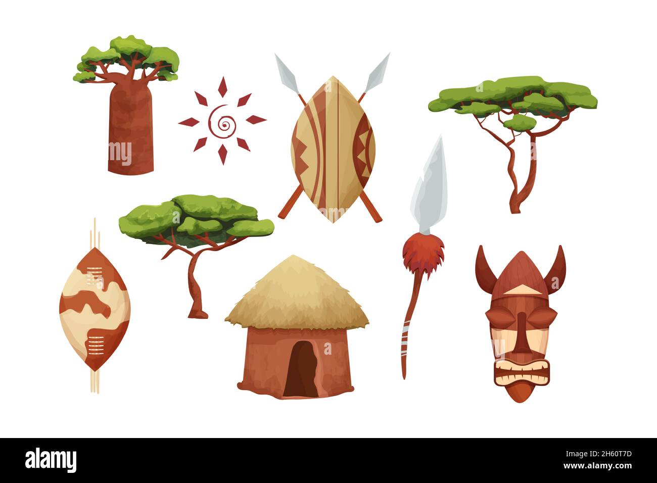 Set African hut with straw roof, baobab shield with spear, tribal mask ...