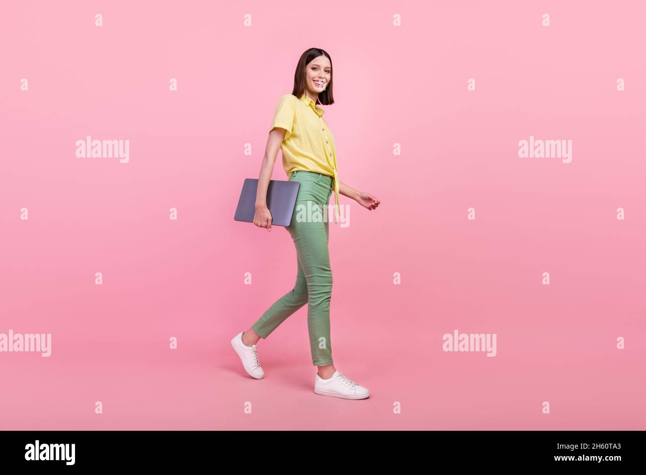 Full Body Profile Side Photo Of Young Girl Happy Positive Smile Go Walk