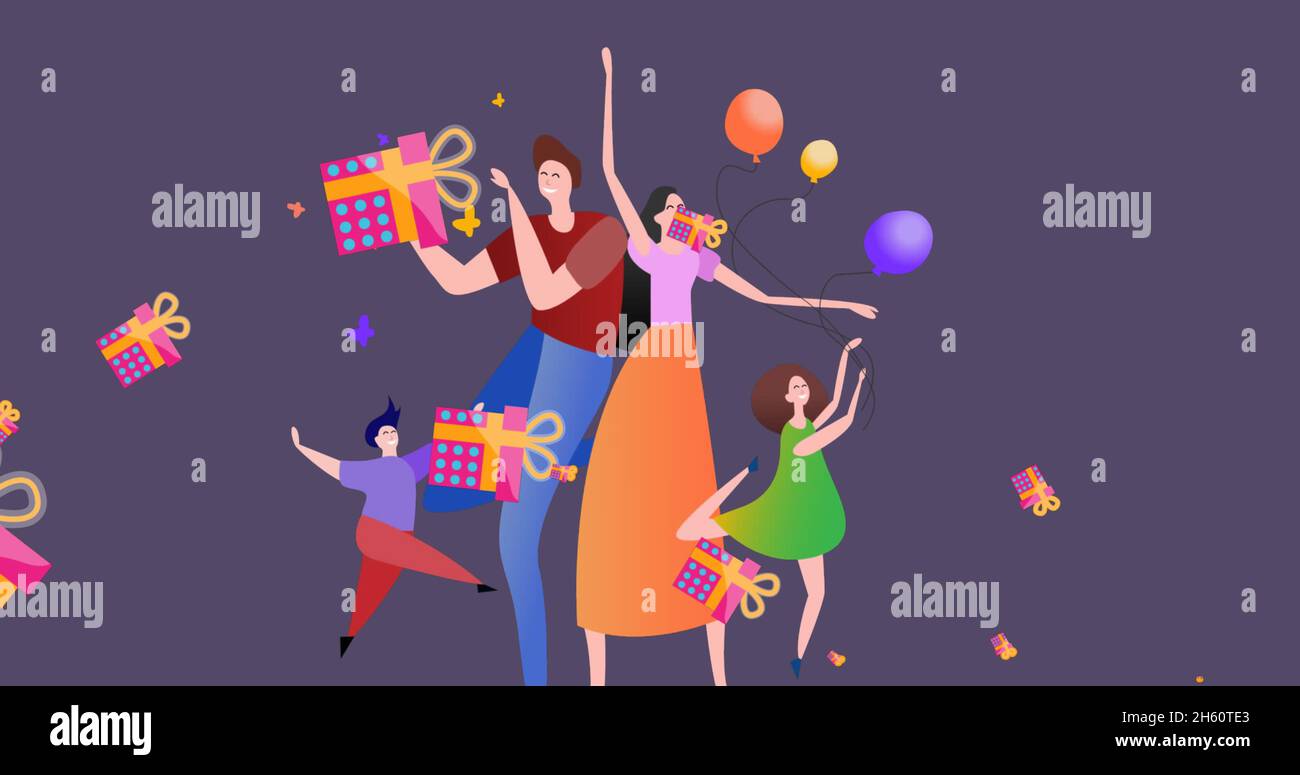 Image of happy family with balloons over presents falling at christmas ...