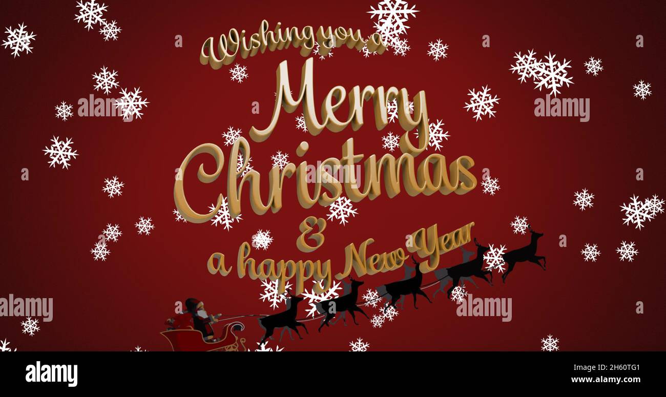 Image of merry christmas text over santa in sleigh and snow falling ...