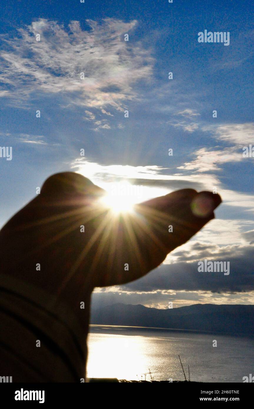 Sunlight Falling On Cropped Hand During Sunny Day. The hand catches the ...