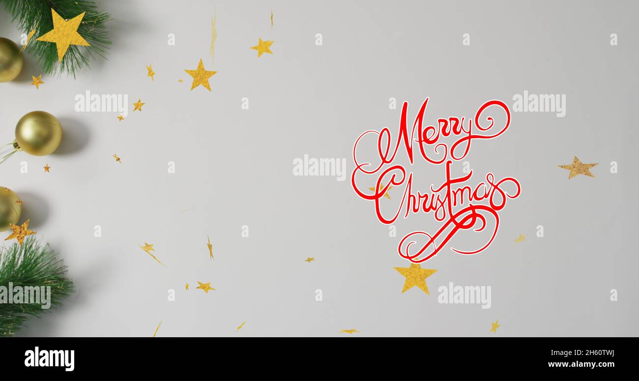 Image of stars falling merry christmas text on white background Stock ...
