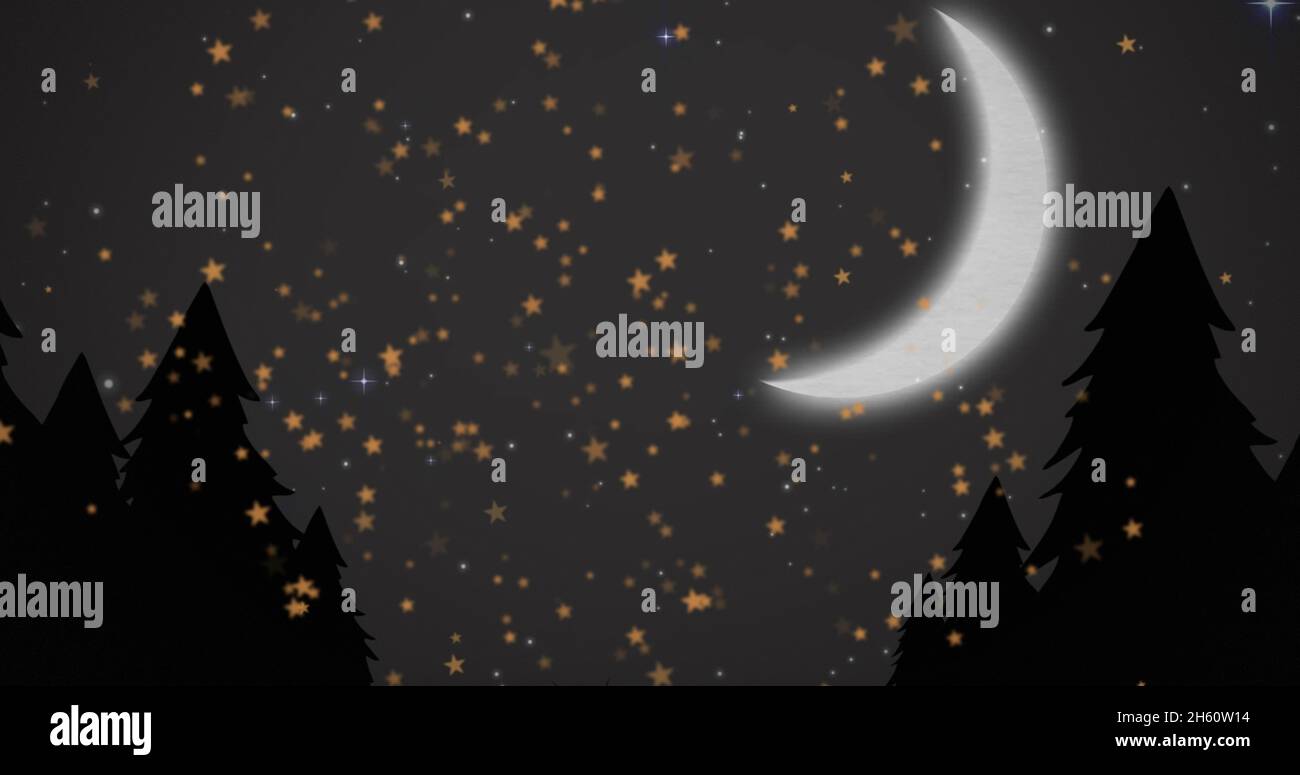 Image of christmas stars falling over night background with moon Stock ...