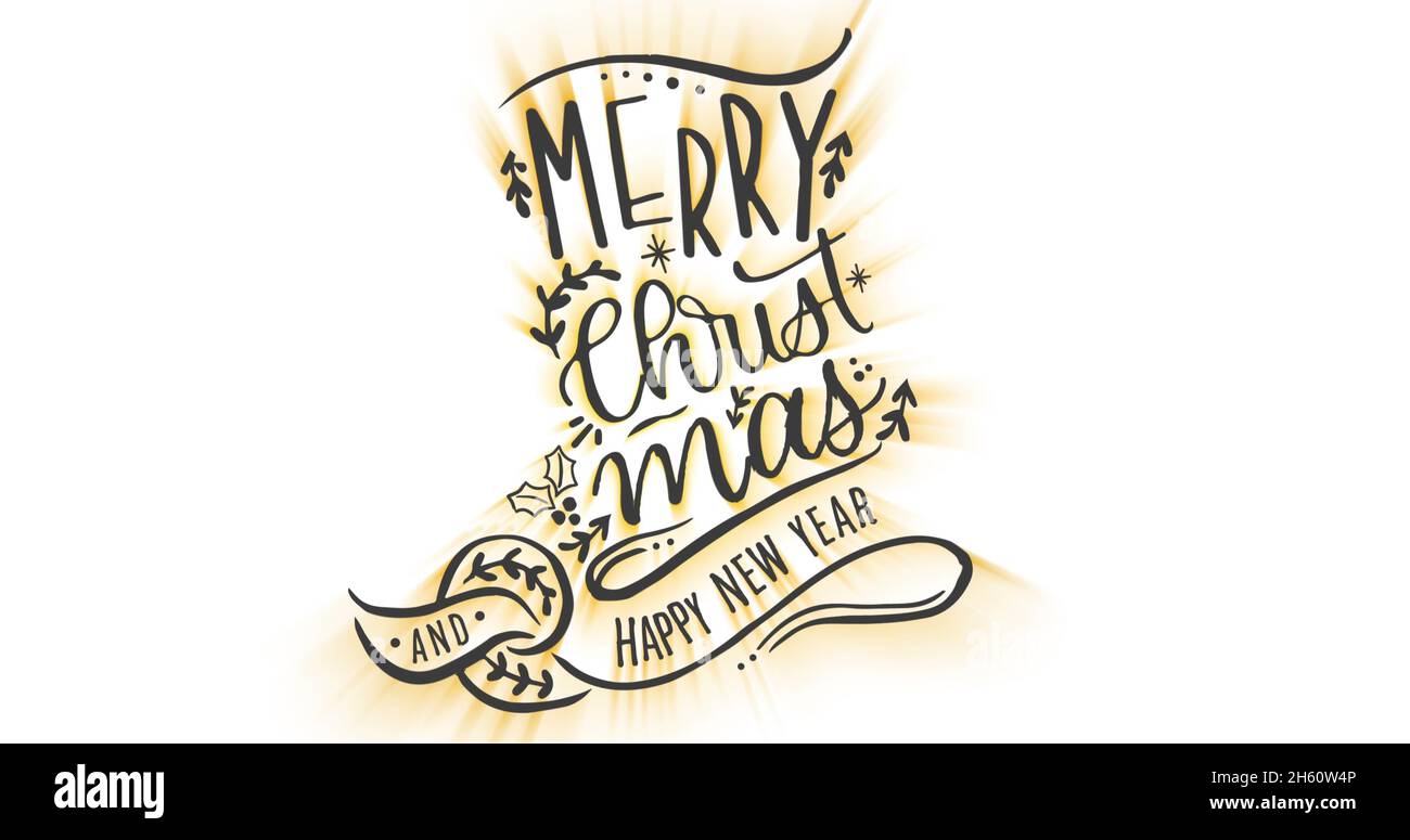 Image of christmas greetings text in yellow and black letters on white ...