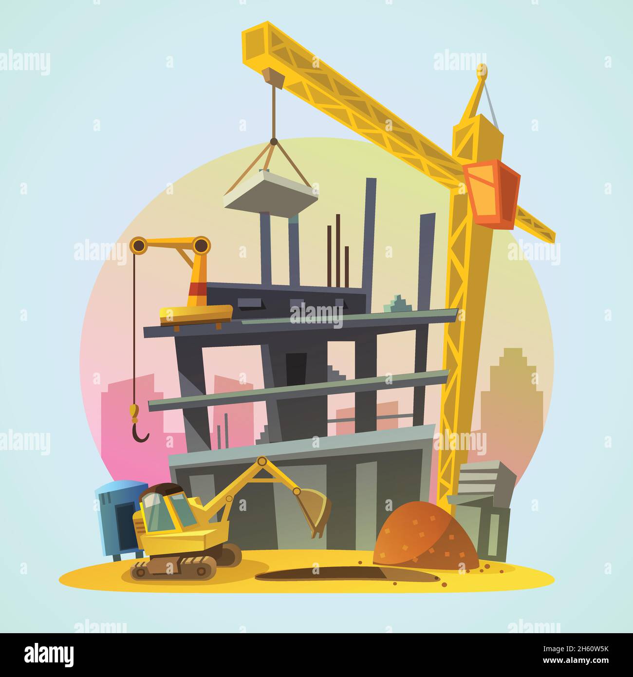 House construction process with cartoon building machinery retro style ...
