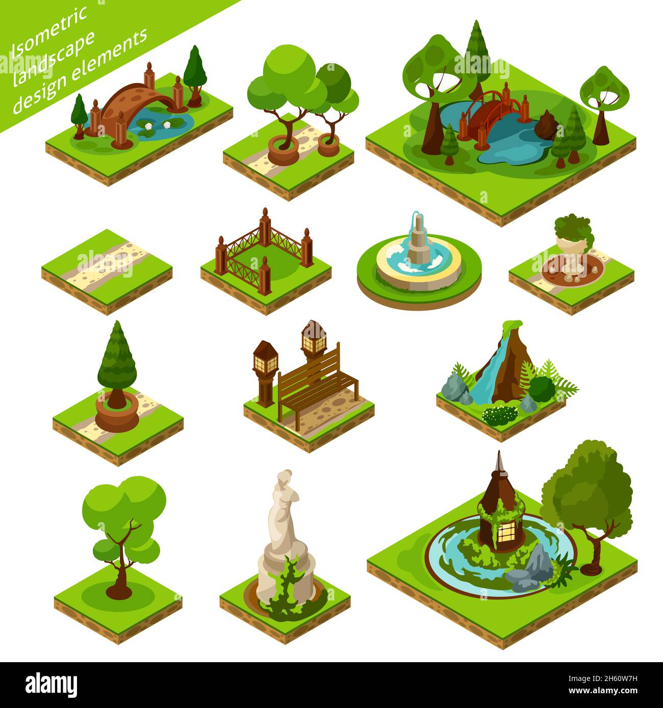 Green brown and blue isometric 3d landscape design elements for ...