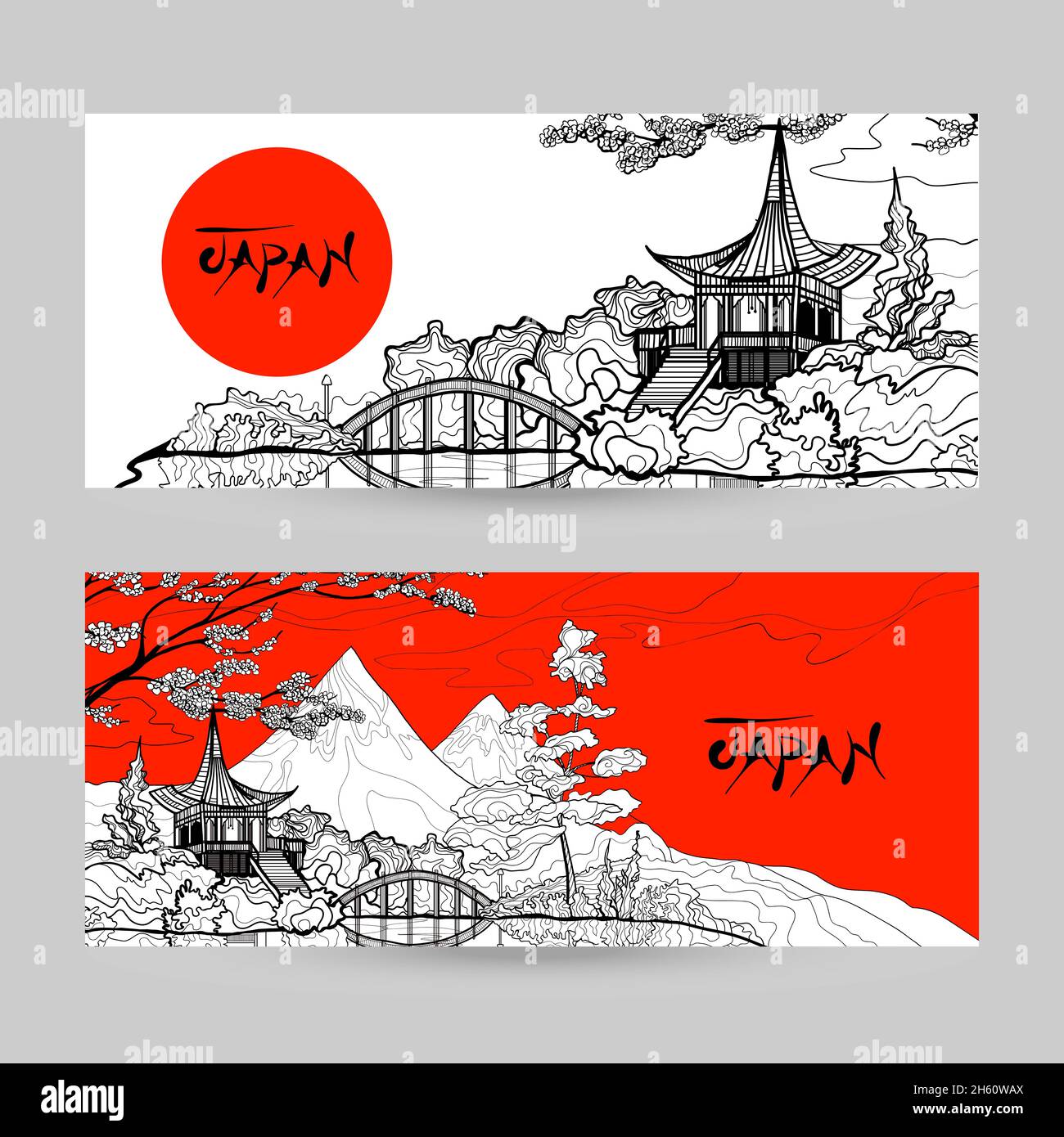 Japan horizontal banner set with sunrise pagoda landscape hand drawn ...