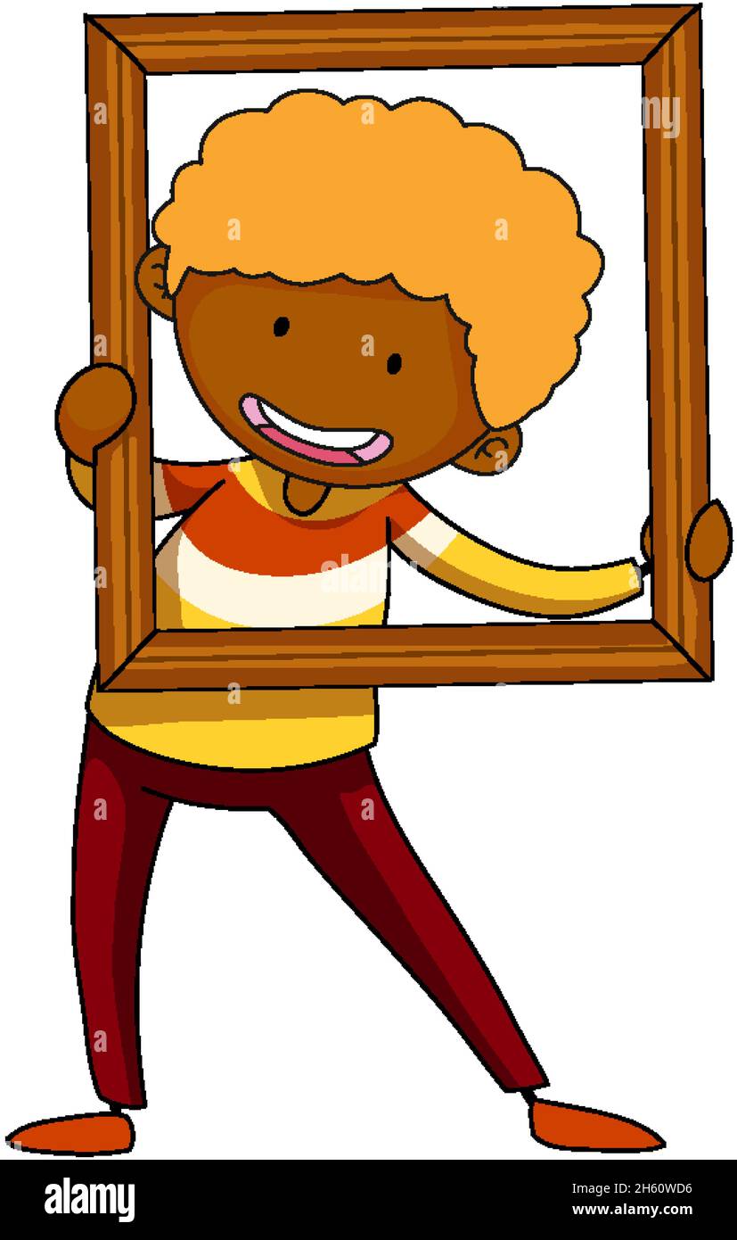 A boy holding wooden picture frame doodle cartoon character ...