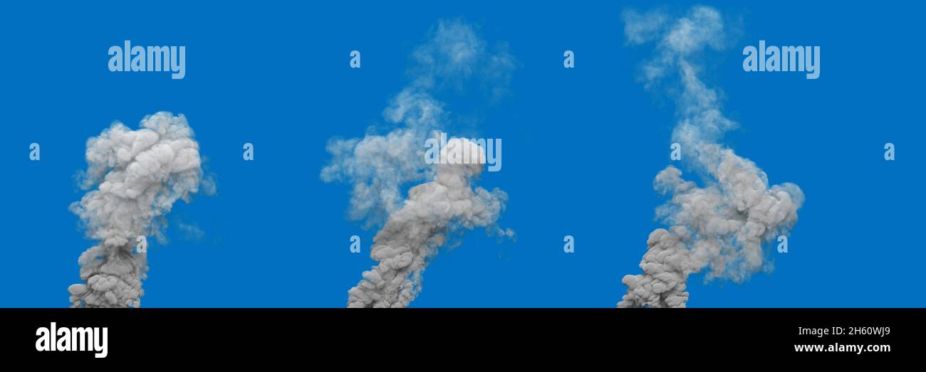 3 grey pollute smoke columns from power plant on blue, isolated ...