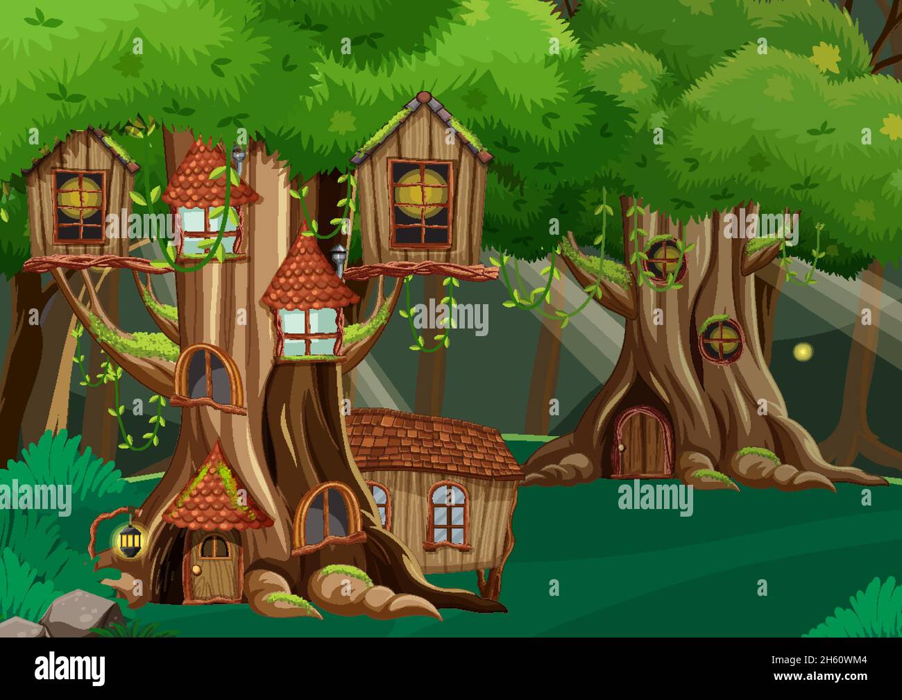 Fantasy tree house in the forest illustration Stock Vector Image & Art ...