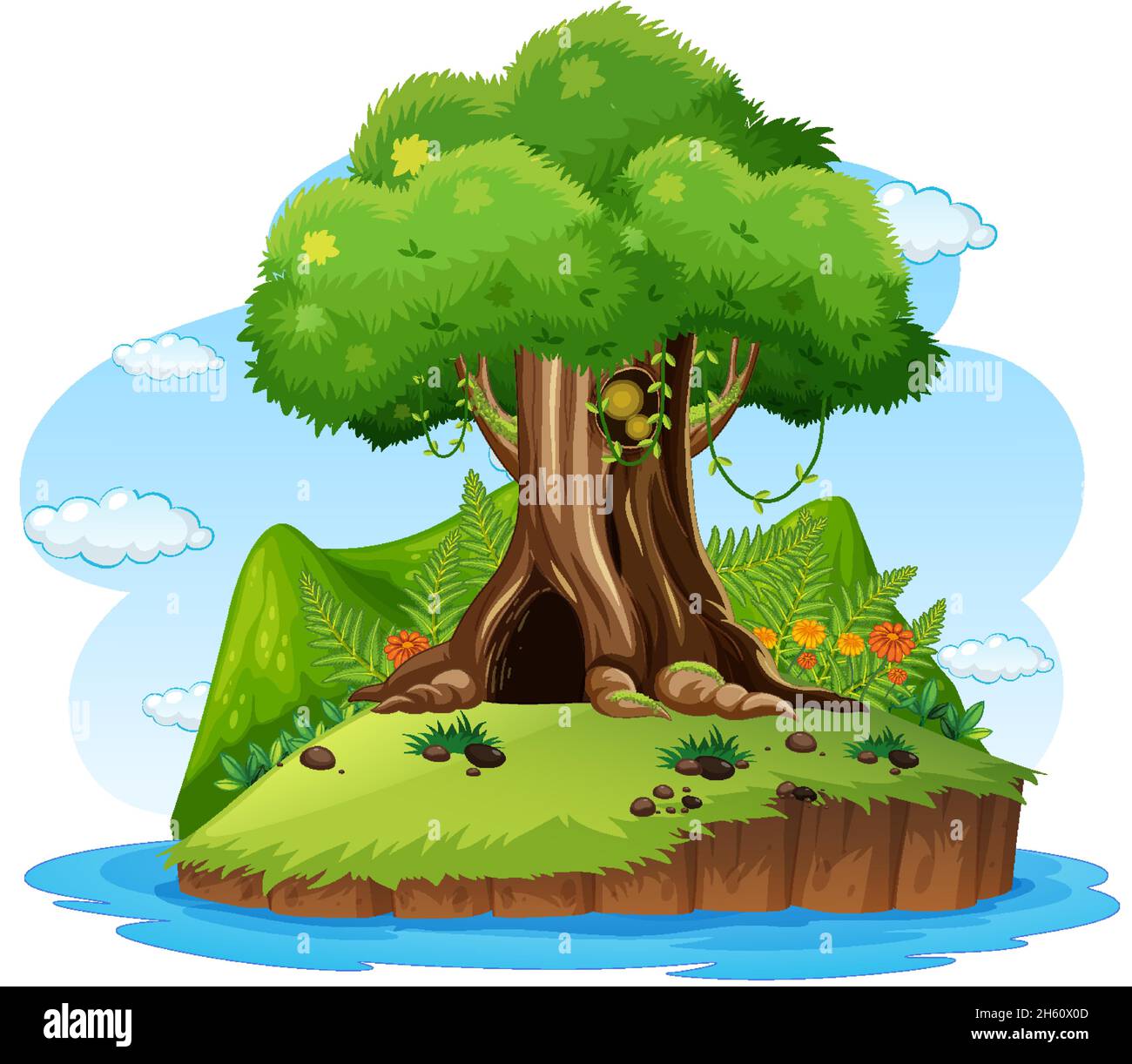Fantasy tree house inside tree trunk illustration Stock Vector Image ...