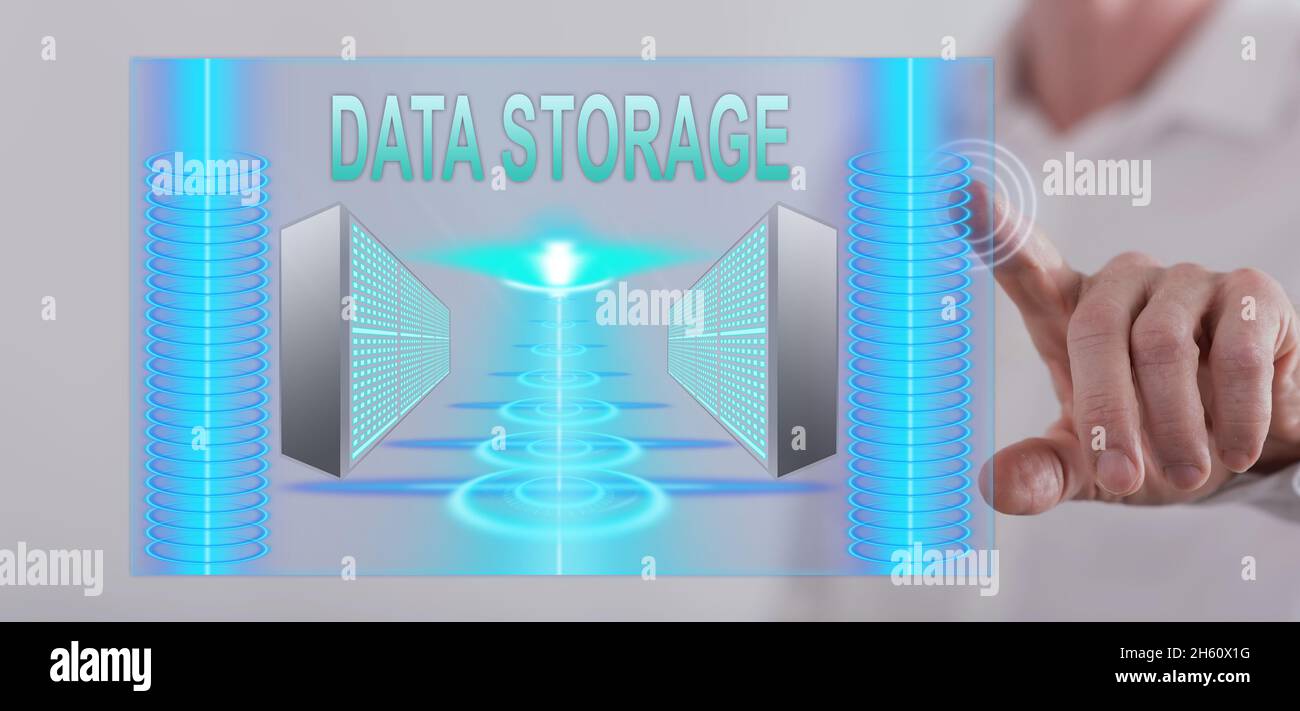 Man touching a data storage concept on a touch screen with his finger ...