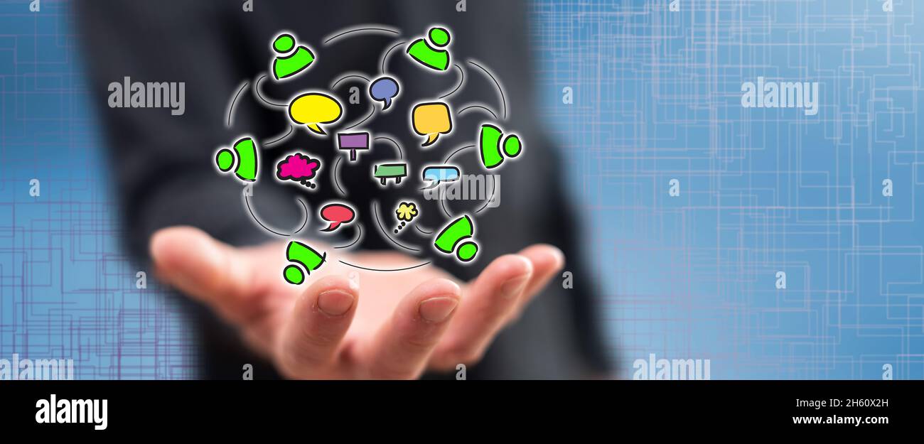 Communication concept above the hand of a man in background Stock Photo ...