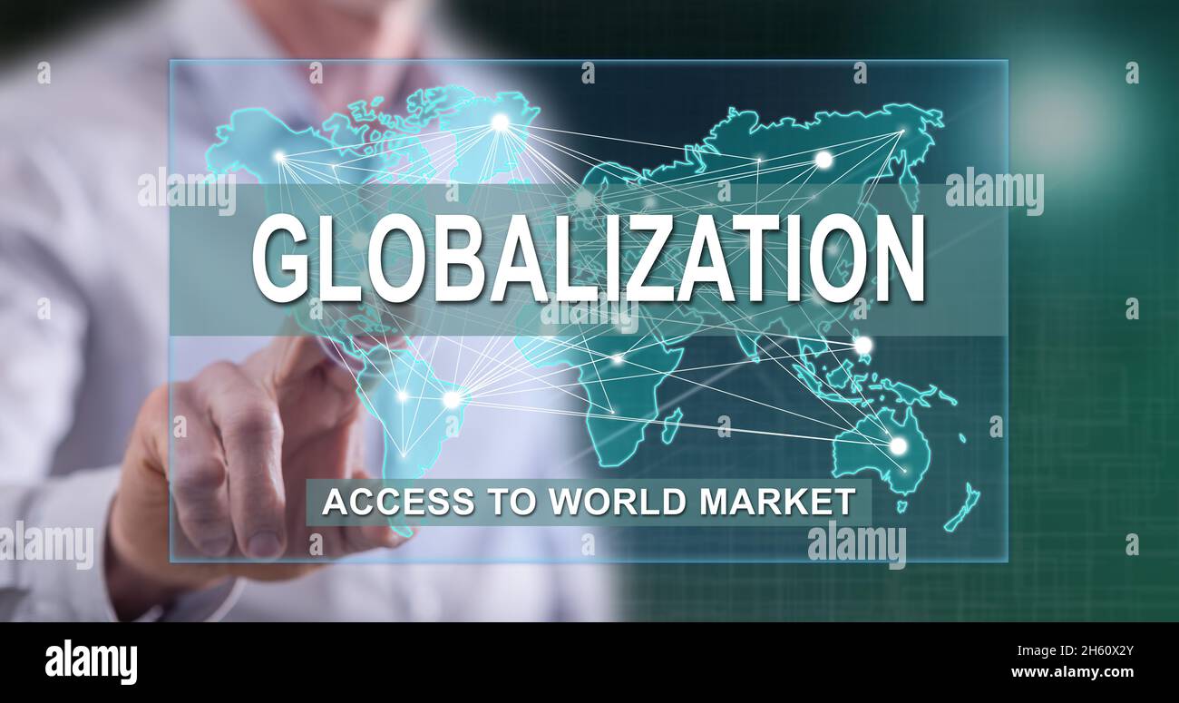 Man touching a globalization concept on a touch screen with his finger ...