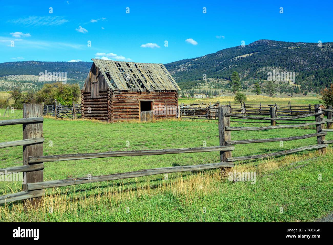 Canadian landscape of old rustic farm building on a ranch in the Nicola ...