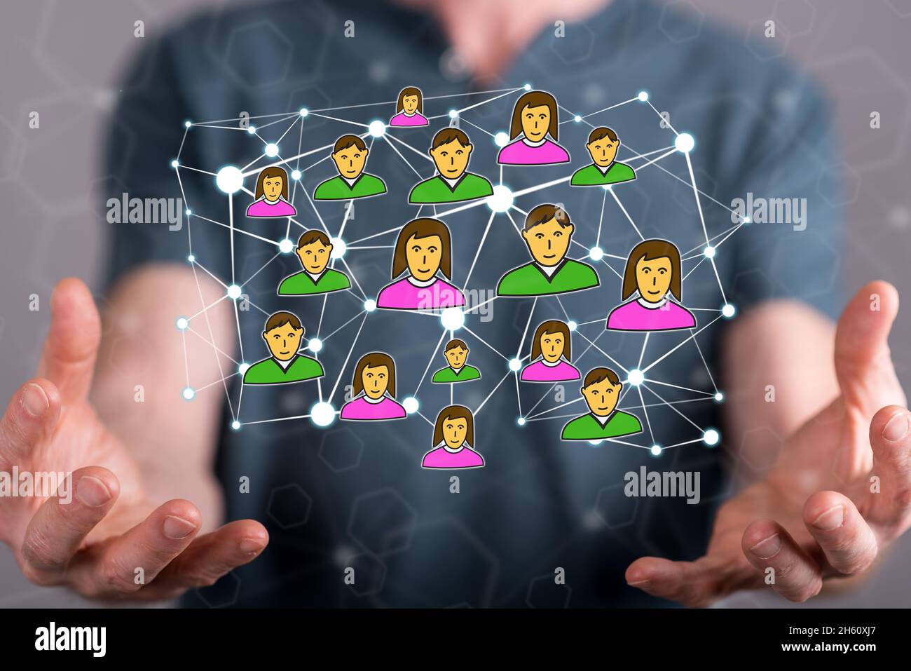 Social network concept between hands of a man in background Stock Photo ...