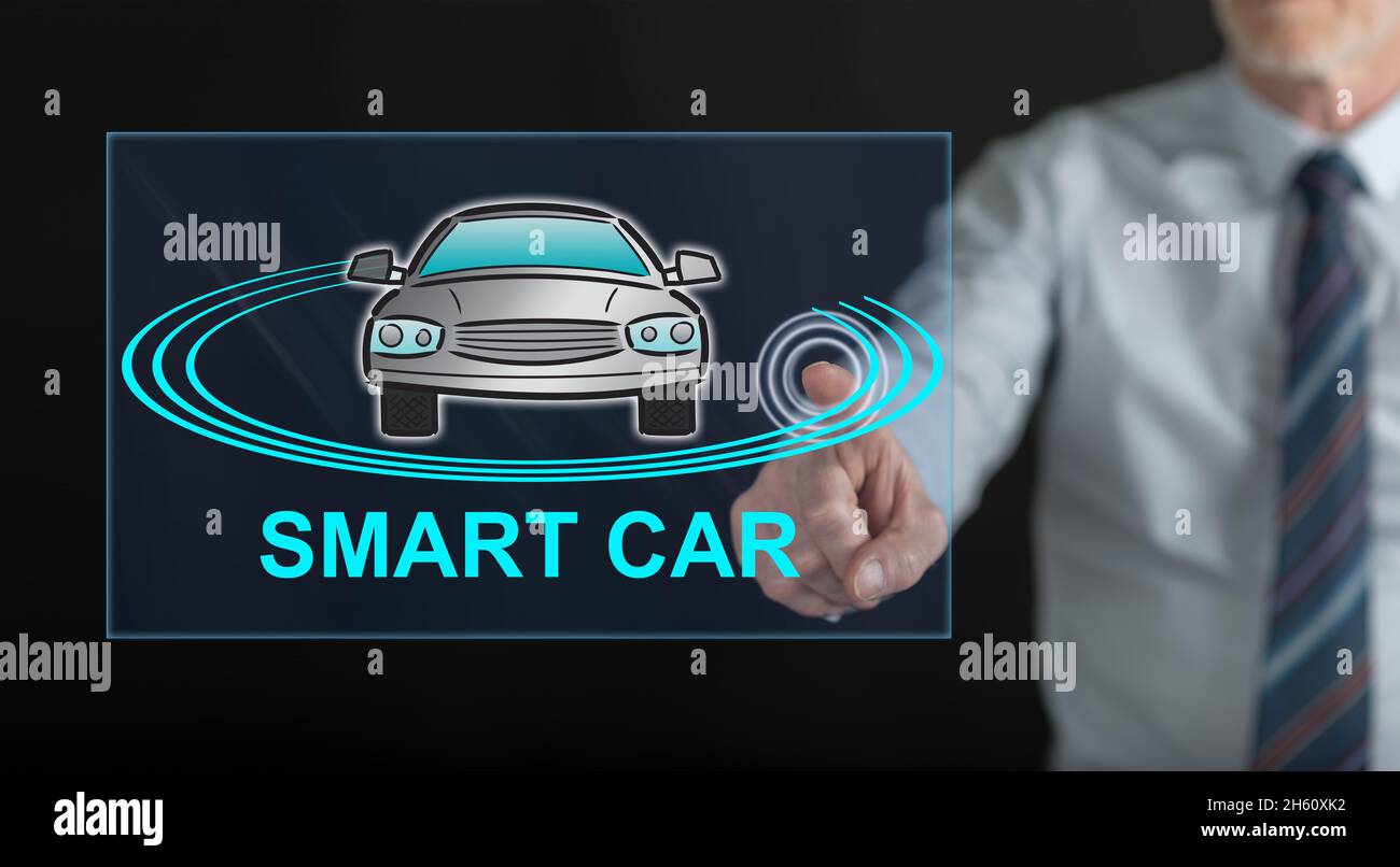 Man touching a smart car concept on a touch screen with his finger ...