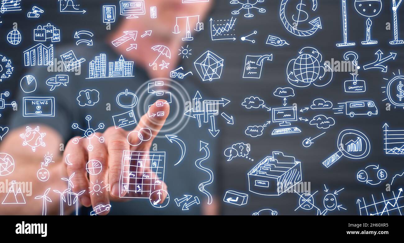 Man touching business doodles on a touch screen with his finger Stock ...