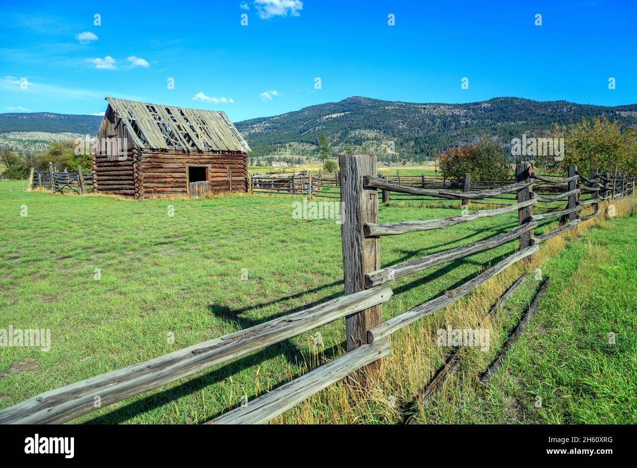 Canadian landscape of old rustic farm building on a ranch in the Nicola ...