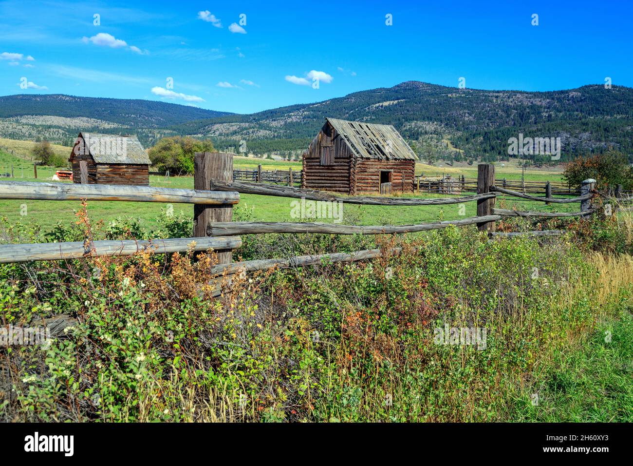 Canadian landscape of old rustic farm building on a ranch in the Nicola ...