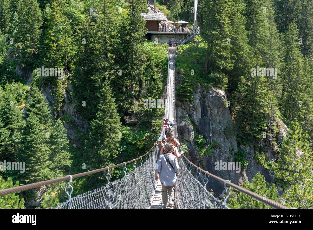 The suspension bridge Handeggfallbruecke, Guttannen, Bernese Oberland ...