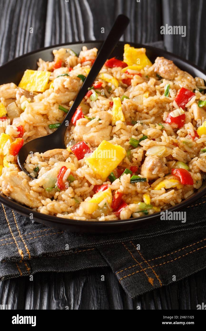 Arroz Chaufa is Peruvian Chinese fried rice consists of rice, red bell ...