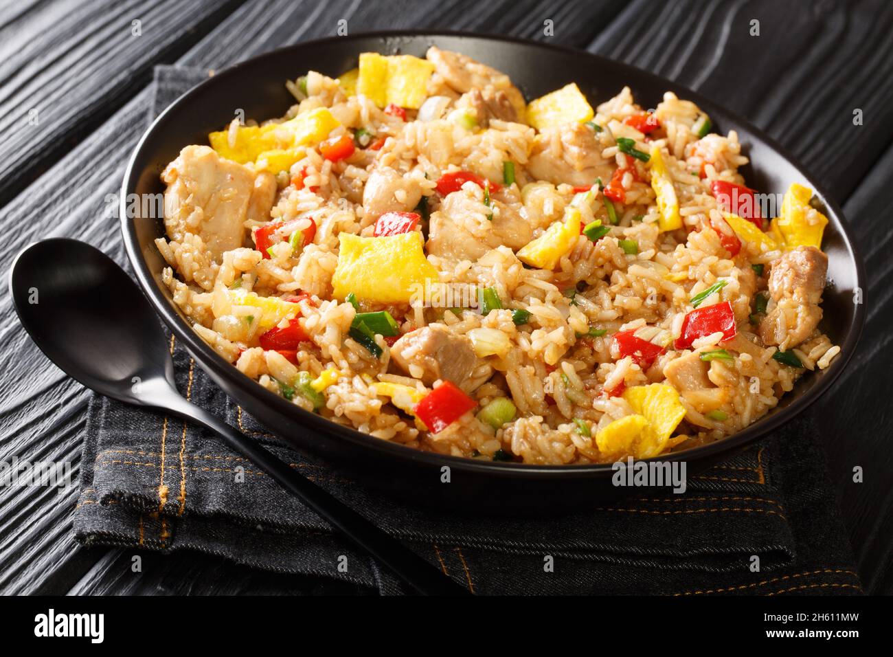 Peruvian fusion food Arroz Chaufa Fried Rice with meat and eggs close ...