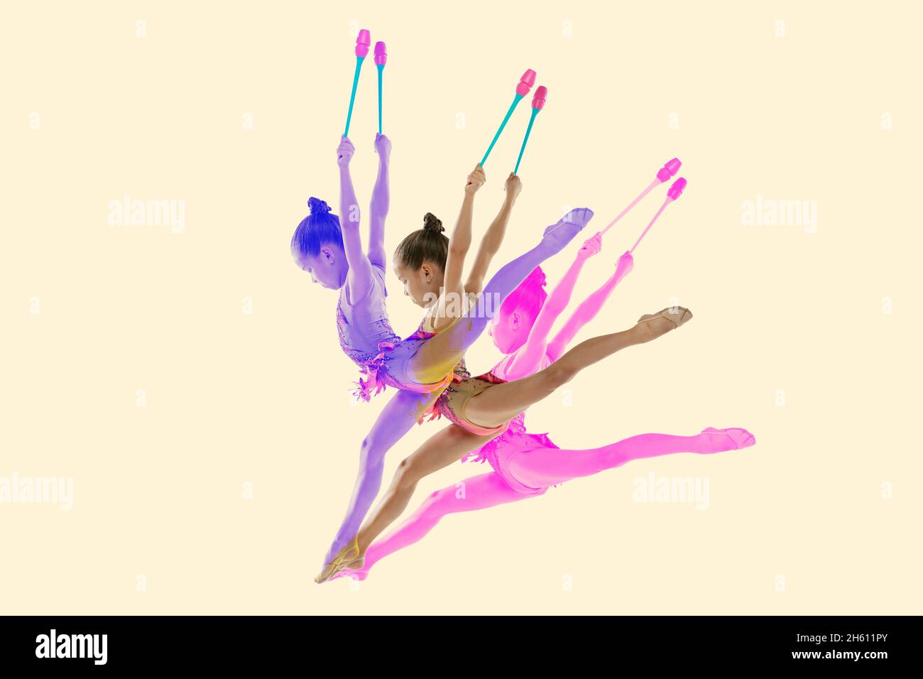 Creative collage of girl, professional rhytmic gymnast training with ...
