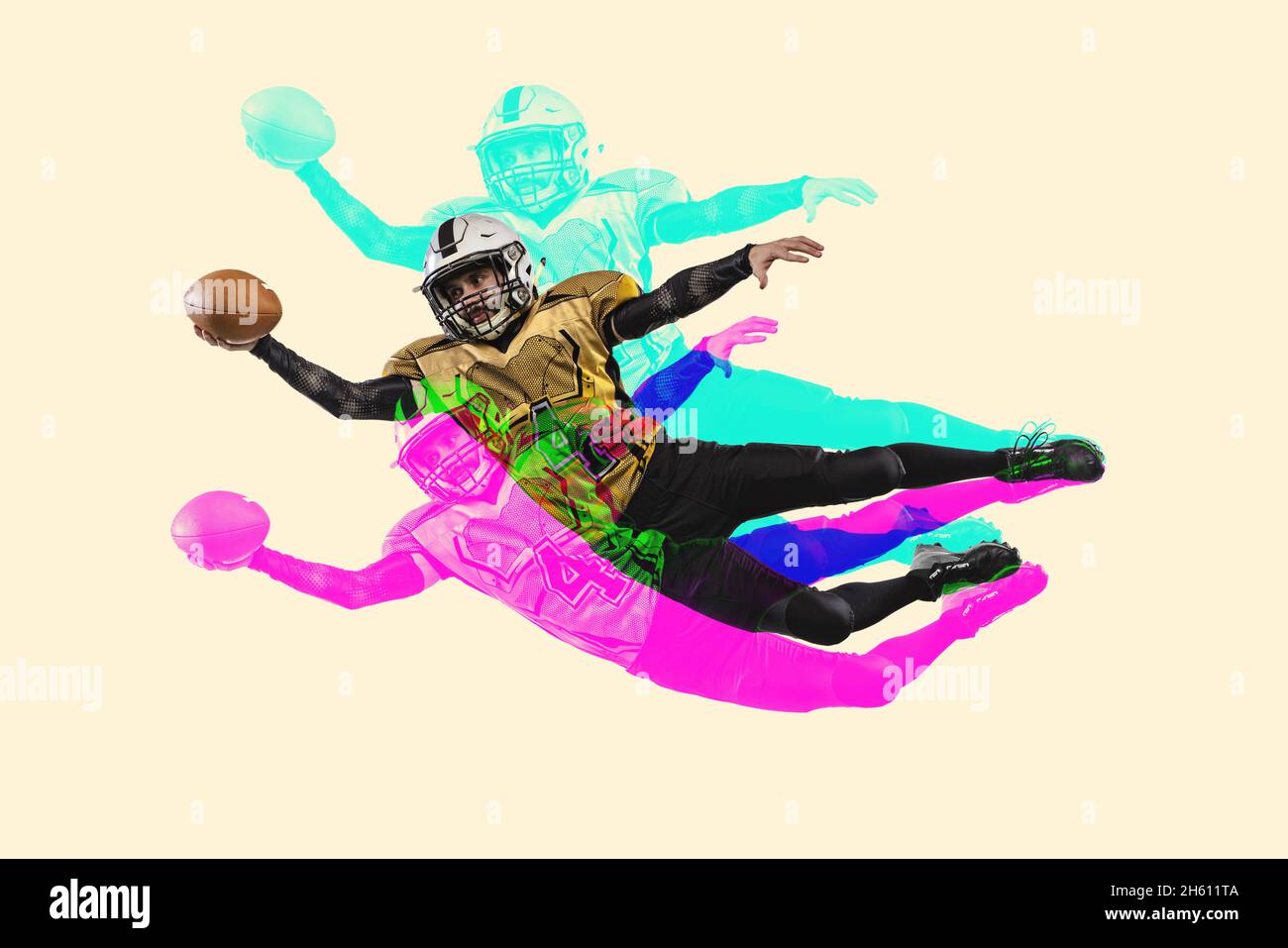 Creative collage of man, professional american football player training ...