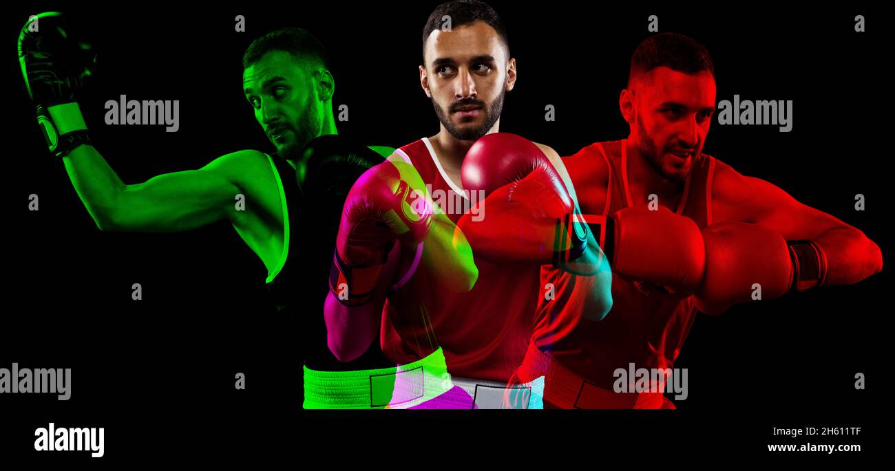 Creative collage of man, professional boxer training isolated over ...